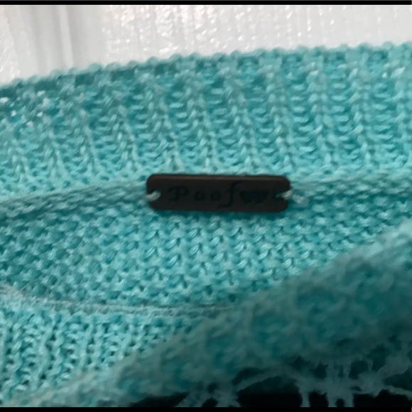 Poof! | Sweaters | Aqua Blue Crocheted Neck Poof Sweater | Poshmark